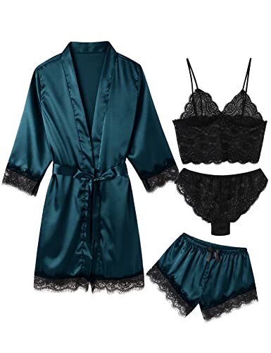 ESKTJH Women Robe and Pajama Set Satin Silk Cami Shorts Sexy Lace Lingerie Soft Lightweight Nightwear Dark Green