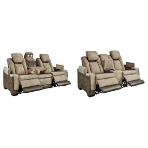 signature design by ashley next-gen durapella power reclining sofa with adjustable headrest, sand & next-gen durapella power reclining loveseat with console & adjustable headrest, sand