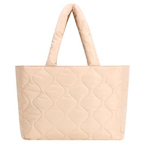 Plusfeel Large Puffer Tote Bag for Women, Quilted Puffer Bag, Puffer Bag, Padded Puffy Tote Bag, Beige