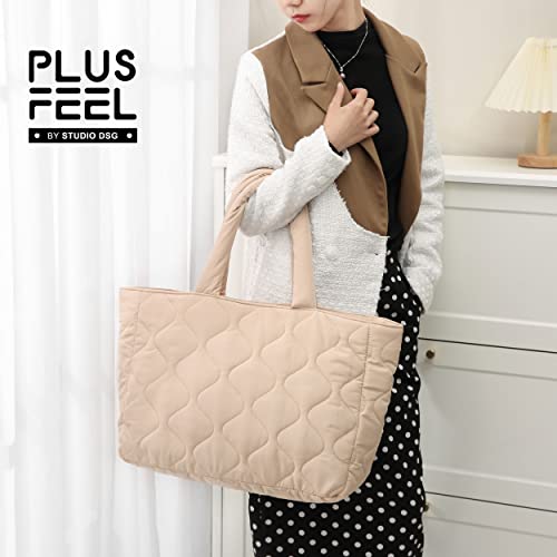 Plusfeel Large Puffer Tote Bag for Women, Quilted Puffer Bag, Puffer Bag, Padded Puffy Tote Bag, Beige