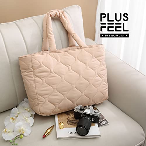 Plusfeel Large Puffer Tote Bag for Women, Quilted Puffer Bag, Puffer Bag, Padded Puffy Tote Bag, Beige