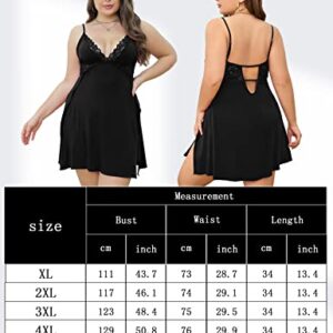 Queenfox Plus Size Babydoll Lingerie for Women Sexy Nightgowns Side Slit Sleepwear V-Neck Babydoll Dress Lace Chemise Black 3XL