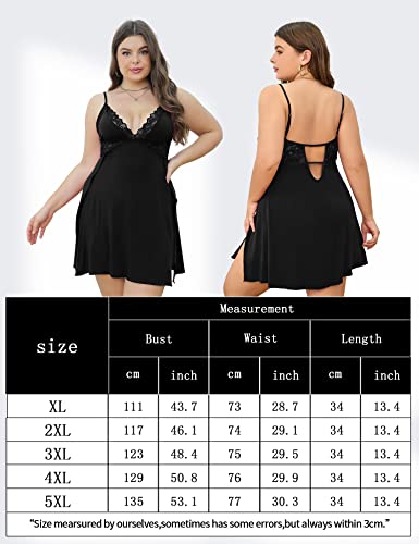 Queenfox Plus Size Babydoll Lingerie for Women Sexy Nightgowns Side Slit Sleepwear V-Neck Babydoll Dress Lace Chemise Black 3XL