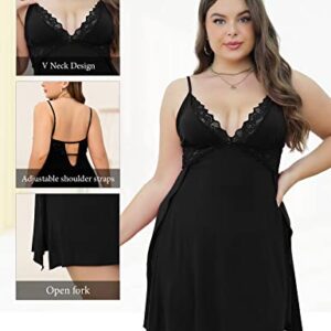 Queenfox Plus Size Babydoll Lingerie for Women Sexy Nightgowns Side Slit Sleepwear V-Neck Babydoll Dress Lace Chemise Black 3XL