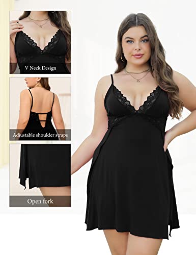 Queenfox Plus Size Babydoll Lingerie for Women Sexy Nightgowns Side Slit Sleepwear V-Neck Babydoll Dress Lace Chemise Black 3XL