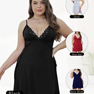 Queenfox Plus Size Babydoll Lingerie for Women Sexy Nightgowns Side Slit Sleepwear V-Neck Babydoll Dress Lace Chemise Black 3XL