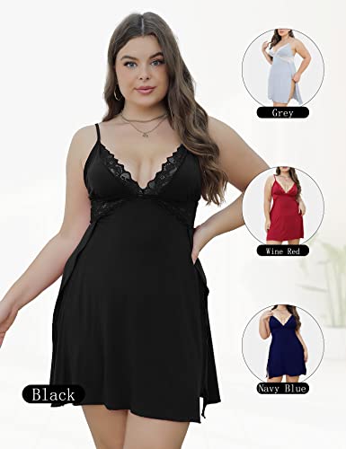 Queenfox Plus Size Babydoll Lingerie for Women Sexy Nightgowns Side Slit Sleepwear V-Neck Babydoll Dress Lace Chemise Black 3XL