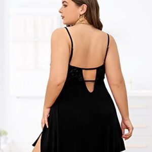 Queenfox Plus Size Babydoll Lingerie for Women Sexy Nightgowns Side Slit Sleepwear V-Neck Babydoll Dress Lace Chemise Black 3XL