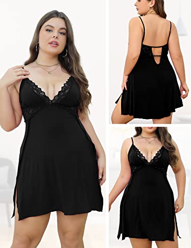 Queenfox Plus Size Babydoll Lingerie for Women Sexy Nightgowns Side Slit Sleepwear V-Neck Babydoll Dress Lace Chemise Black 3XL