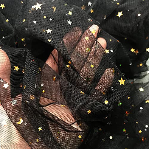 levylisa Glitter Star Moon Sequin Tulle Net Yarn for Tutu Skirts Sewing Birthday Wedding Party Decoration, 59” by 5 Yards (Black)