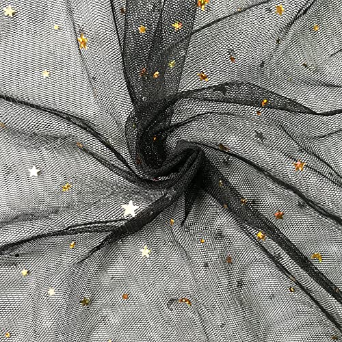 levylisa Glitter Star Moon Sequin Tulle Net Yarn for Tutu Skirts Sewing Birthday Wedding Party Decoration, 59” by 5 Yards (Black)