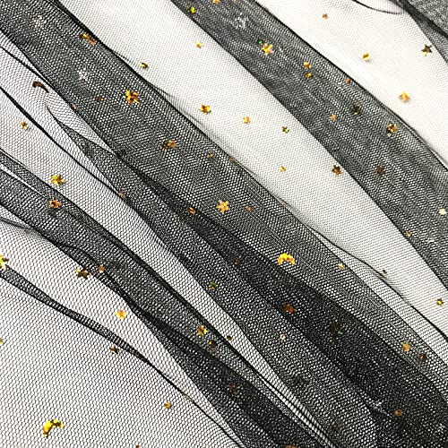 levylisa Glitter Star Moon Sequin Tulle Net Yarn for Tutu Skirts Sewing Birthday Wedding Party Decoration, 59” by 5 Yards (Black)