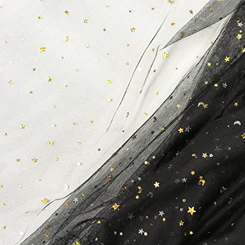 levylisa Glitter Star Moon Sequin Tulle Net Yarn for Tutu Skirts Sewing Birthday Wedding Party Decoration, 59” by 5 Yards (Black)