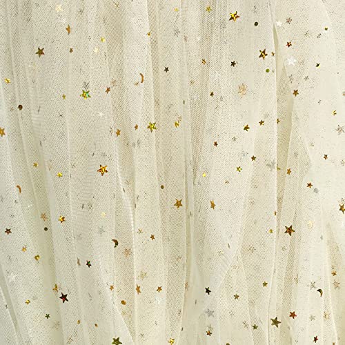 levylisa Glitter Star Moon Sequin Tulle Net Yarn for Tutu Skirts Sewing Birthday Wedding Party Decoration, 59” by 5 Yards (Beige)