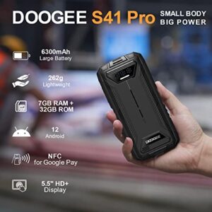 DOOGEE Rugged Smartphone 2023, S41 PRO, NFC 6300mAh Battery 4G Dual Sim Rugged Phone Android 12, 7GB+32GB SD 1TB, 5.5" HD Screen, IP68 Waterproof Outdoor Military Grade Cell Phone, GPS