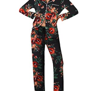 Ekouaer Long Sleeve Silk Pajama Set for Women Longs Comfy Sleepwear Button Down Pjs Winter,Floral Brown Black,Medium