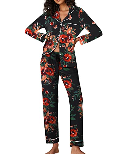 Ekouaer Long Sleeve Silk Pajama Set for Women Longs Comfy Sleepwear Button Down Pjs Winter,Floral Brown Black,Medium