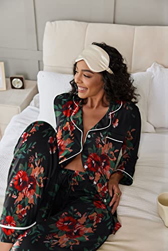 Ekouaer Long Sleeve Silk Pajama Set for Women Longs Comfy Sleepwear Button Down Pjs Winter,Floral Brown Black,Medium