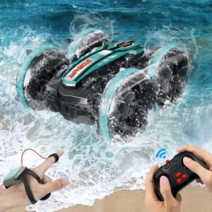 amazefun amphibious remote control car, 2.4ghz gesture sensor 4wd remote control boat,360° rotating waterproof rc stunt car for age 4 5 6 7 8 9-12 kids girls boys gift,all terrain beach pool water toy