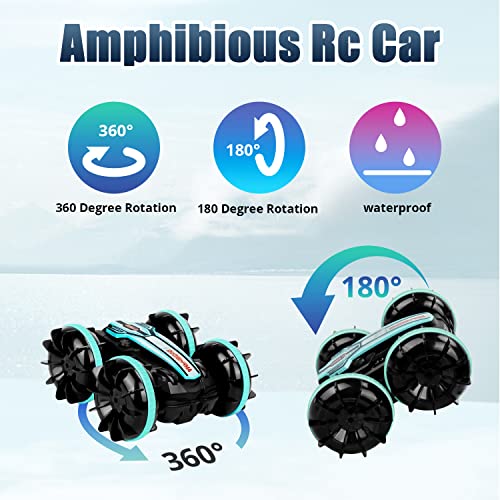 AmazeFun Amphibious Remote Control Car, 2.4GHz Gesture Sensor 4WD Remote Control Boat,360° Rotating Waterproof RC Stunt Car for Age 4 5 6 7 8 9-12 Kids Girls Boys Gift,All Terrain Beach Pool Water Toy