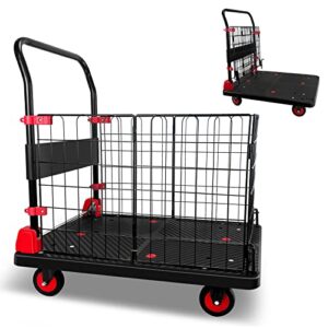 platform truck cart with cage, foldable push cart dolly 880lb capacity w/ 5'' tpr 360 degree swivel wheels, heavy duty moving portable hand trucks for warehouse, groceries, garage