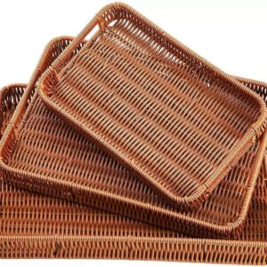 Set of 3 Rectangle Rattan Serving Tray - Large, Regular and Small Hand Woven Wicker Baskets with Handles - Breakfast Drinks Coffee Snack Fruit Storage Platter Trays - Tabletop Organizers Home Decor