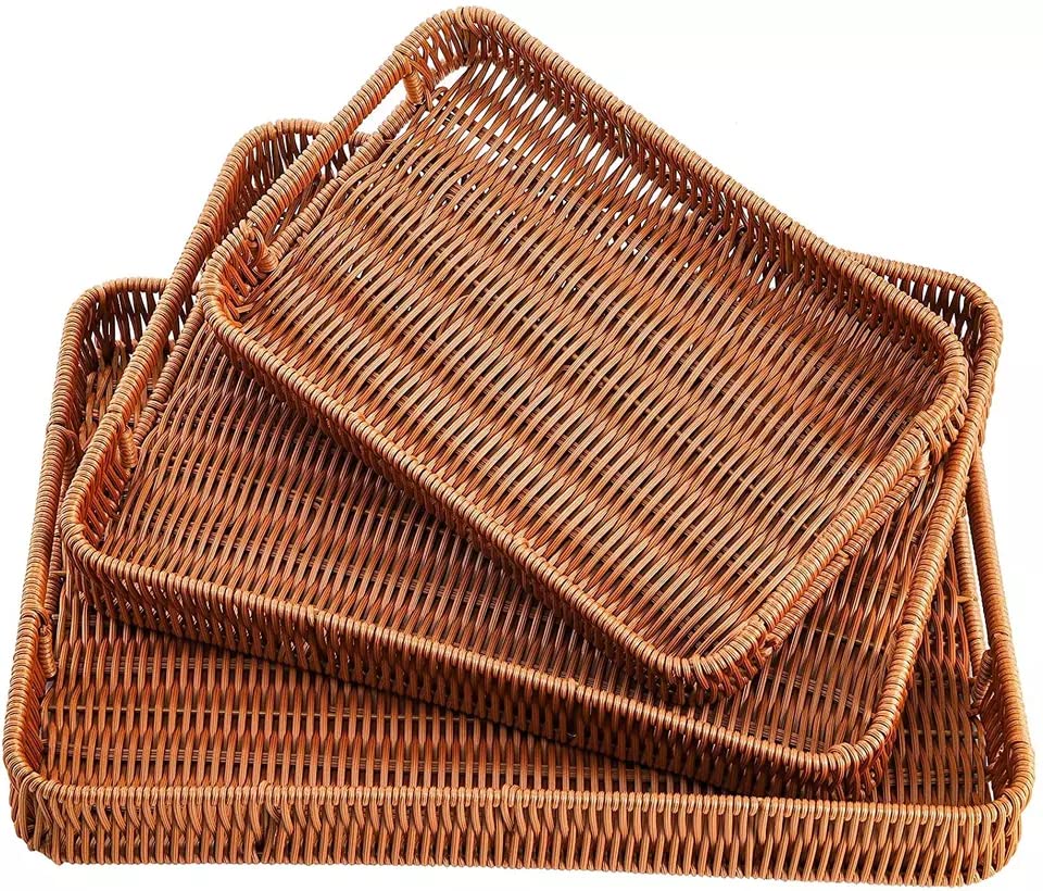 Set of 3 Rectangle Rattan Serving Tray - Large, Regular and Small Hand Woven Wicker Baskets with Handles - Breakfast Drinks Coffee Snack Fruit Storage Platter Trays - Tabletop Organizers Home Decor