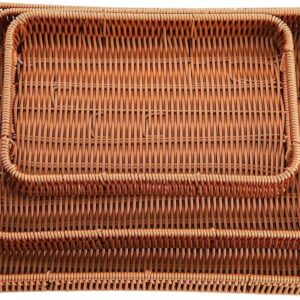 Set of 3 Rectangle Rattan Serving Tray - Large, Regular and Small Hand Woven Wicker Baskets with Handles - Breakfast Drinks Coffee Snack Fruit Storage Platter Trays - Tabletop Organizers Home Decor