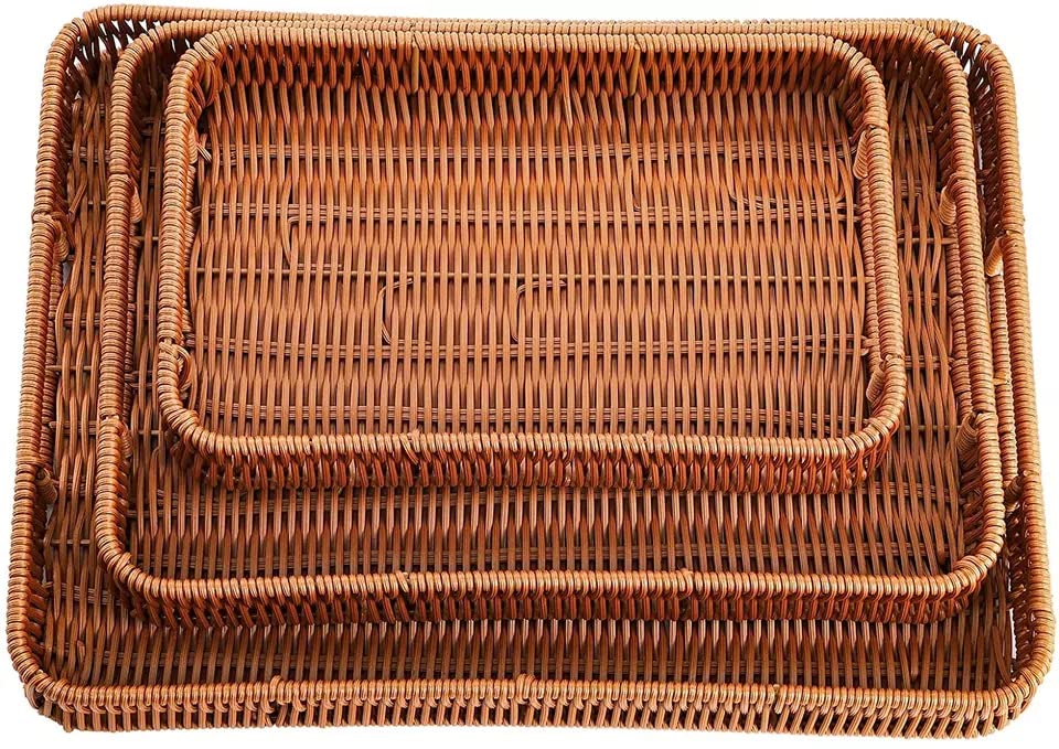 Set of 3 Rectangle Rattan Serving Tray - Large, Regular and Small Hand Woven Wicker Baskets with Handles - Breakfast Drinks Coffee Snack Fruit Storage Platter Trays - Tabletop Organizers Home Decor