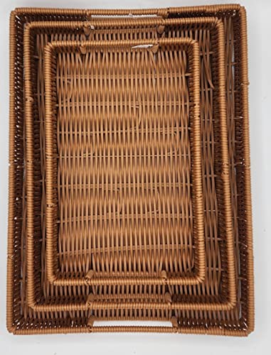 Set of 3 Rectangle Rattan Serving Tray - Large, Regular and Small Hand Woven Wicker Baskets with Handles - Breakfast Drinks Coffee Snack Fruit Storage Platter Trays - Tabletop Organizers Home Decor