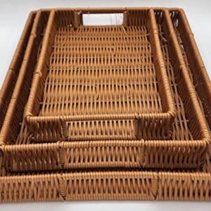 Set of 3 Rectangle Rattan Serving Tray - Large, Regular and Small Hand Woven Wicker Baskets with Handles - Breakfast Drinks Coffee Snack Fruit Storage Platter Trays - Tabletop Organizers Home Decor