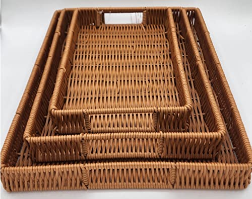 Set of 3 Rectangle Rattan Serving Tray - Large, Regular and Small Hand Woven Wicker Baskets with Handles - Breakfast Drinks Coffee Snack Fruit Storage Platter Trays - Tabletop Organizers Home Decor