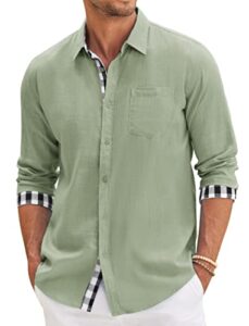 coofandy mens shirt plaid spread collar business casual work, light green, large, long sleeve