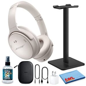 bose quietcomfort 45 wireless noise-canceling headphones (white smoke) bundle with headphone stand + usb wall adapter + headphone cleaning kit (renewed)