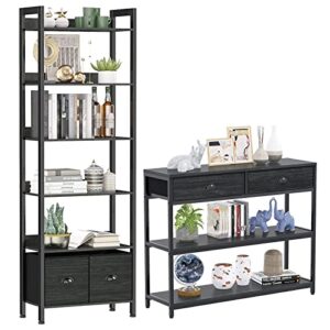 furologee 6-tier bookshelf,6-tier bookshelf, entryway table with 3 tiers storage shelves, wood and metal storage rack for home office, bedroom, black oak