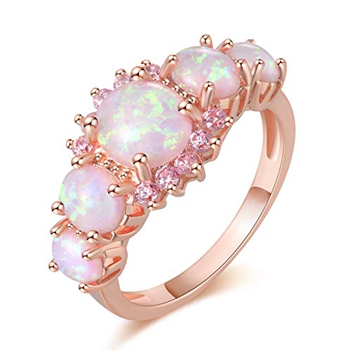 CiNily Wedding Rings for Women 14K Rose Gold Plated Engagement Bands Pink Fire Opal Promise Rings Cubic Zirconia Statement Bands Gemstone Jewerly Gift Size 12