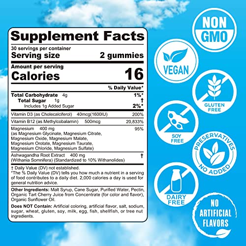 Magnesium Gummies 400mg | as 8 Forms of Magnesium Glycinate, Malate, Citrate, Taurate, Oxide, and More | with Ashwagandha Extract, D3 & B12 Supports for Calm, Zzz, Mood, Muscle Cramp - Vegan 120 Cts