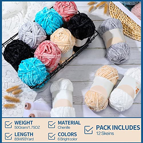 Xinnun 12 Skeins Plush Yarn, Thick Chenille Yarn, Soft Blanket Velvet Yarn for Knitting DIY Craft Total Length 1116 Yards, Fluffy Yarn for Crocheting Sweater Shawl Toy, 3.5 Oz/Skein (Multi Colors)