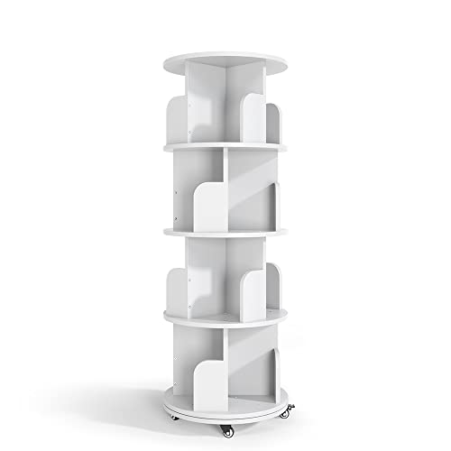 Nidouillet Rotating Bookshelf, 4 Tier Revolving Bookcase with Brake Wheels 360° Display Round Bookshelf Narrow Swivel Corner Book Shelf Standing Bookcase for Adult Bedroom, Living Room - White