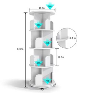 Nidouillet Rotating Bookshelf, 4 Tier Revolving Bookcase with Brake Wheels 360° Display Round Bookshelf Narrow Swivel Corner Book Shelf Standing Bookcase for Adult Bedroom, Living Room - White