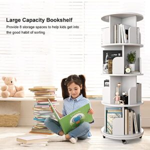 Nidouillet Rotating Bookshelf, 4 Tier Revolving Bookcase with Brake Wheels 360° Display Round Bookshelf Narrow Swivel Corner Book Shelf Standing Bookcase for Adult Bedroom, Living Room - White