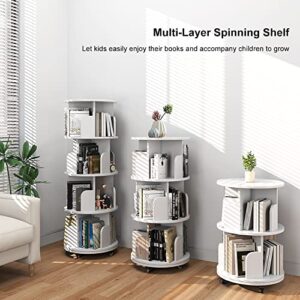 Nidouillet Rotating Bookshelf, 4 Tier Revolving Bookcase with Brake Wheels 360° Display Round Bookshelf Narrow Swivel Corner Book Shelf Standing Bookcase for Adult Bedroom, Living Room - White