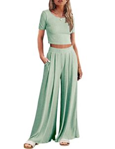 ekouaer lounge sets womens pajama set short sleeve crop top loose wide leg pants casual loungewear set,light green,l