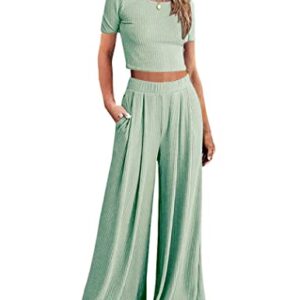 Ekouaer Lounge Sets Womens Pajama Set Short Sleeve Crop Top Loose Wide Leg Pants Casual Loungewear Set,Light Green,L