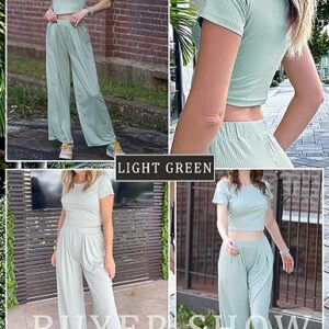 Ekouaer Lounge Sets Womens Pajama Set Short Sleeve Crop Top Loose Wide Leg Pants Casual Loungewear Set,Light Green,L