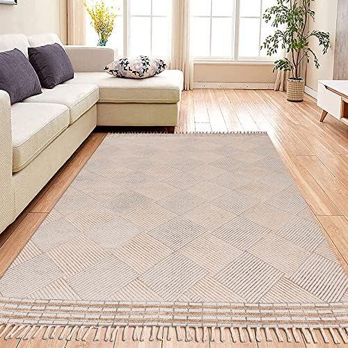 Casavani Handmade Area Rug Hand Block Printed Moroccan Tassels Throw Rug Hand Woven Door Mat Floor Rug Indoor Rugs for Bedroom Bathroom Laundry Room Living Room 6x8 Feet (180x240 cm)