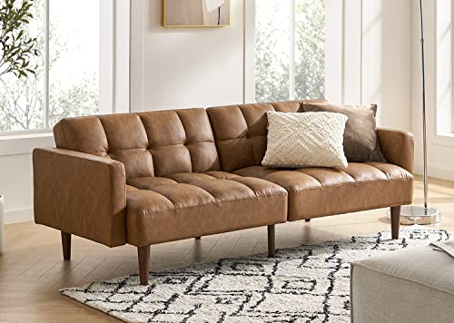 mopio Aaron Couch, Futon Sofa Bed, Sleeper Sofa, Loveseat, Couches for Living Room, Bedroom, Mid Century Modern, Arms Split Back Design 77.5" (Faux Leather, Pecan Brown)