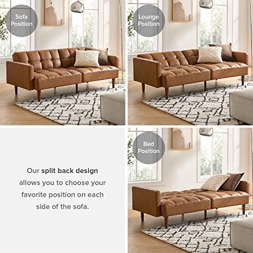 mopio Aaron Couch, Futon Sofa Bed, Sleeper Sofa, Loveseat, Couches for Living Room, Bedroom, Mid Century Modern, Arms Split Back Design 77.5" (Faux Leather, Pecan Brown)