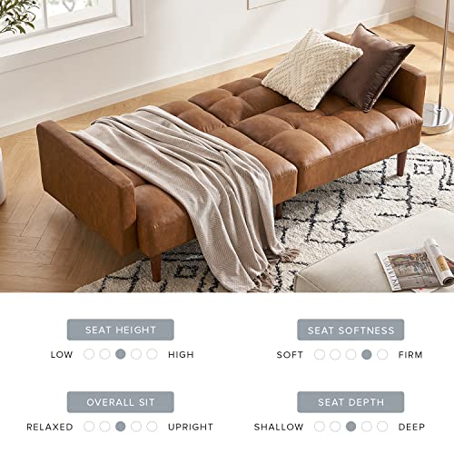 mopio Aaron Couch, Futon Sofa Bed, Sleeper Sofa, Loveseat, Couches for Living Room, Bedroom, Mid Century Modern, Arms Split Back Design 77.5" (Faux Leather, Pecan Brown)