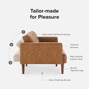 mopio Aaron Couch, Futon Sofa Bed, Sleeper Sofa, Loveseat, Couches for Living Room, Bedroom, Mid Century Modern, Arms Split Back Design 77.5" (Faux Leather, Pecan Brown)